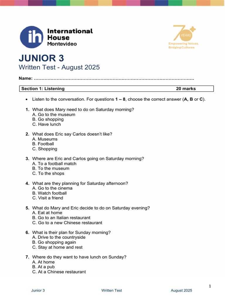 Junior 3 Written Test Overview | PDF