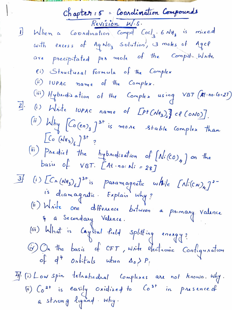 CH 5 Coordination Revision Worksheet For Split 1 | PDF | Chemistry | Physical Sciences