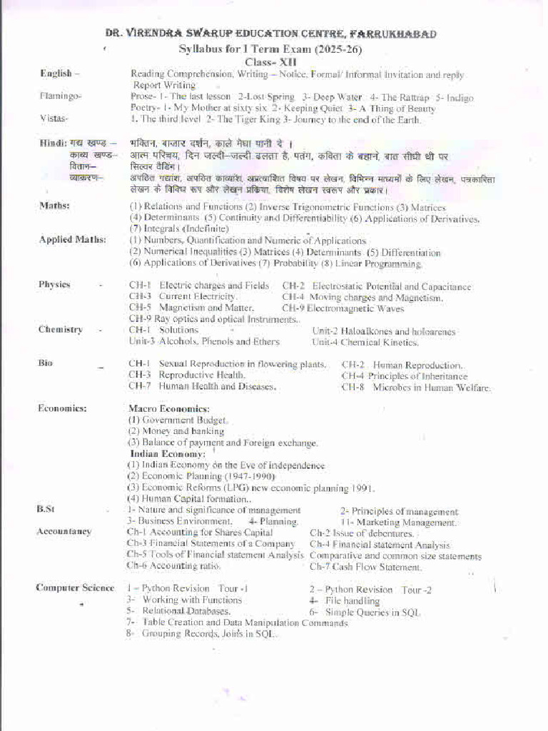 Cls-XII Syllabus ITerm Exam 2025 | PDF