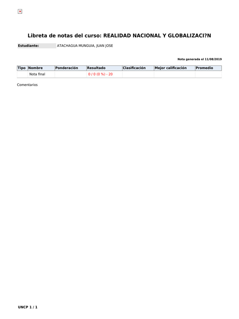 Libreta de Notas Del Curso: REALIDAD NACIONAL Y GLOBALIZACI?N | PDF
