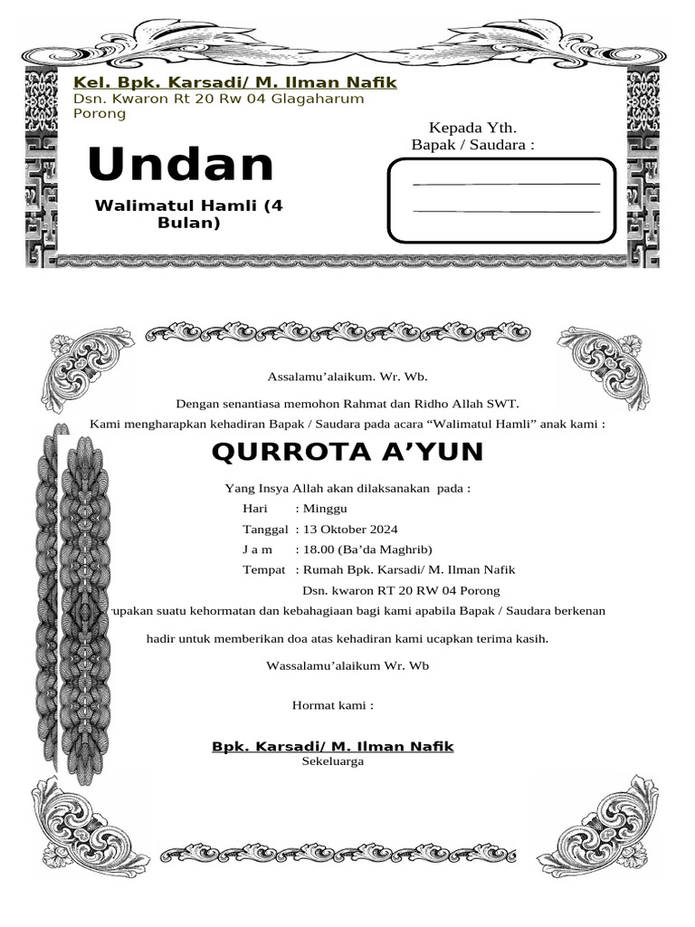 Undangan Walimatul Hamli Qurrata A'yun | PDF