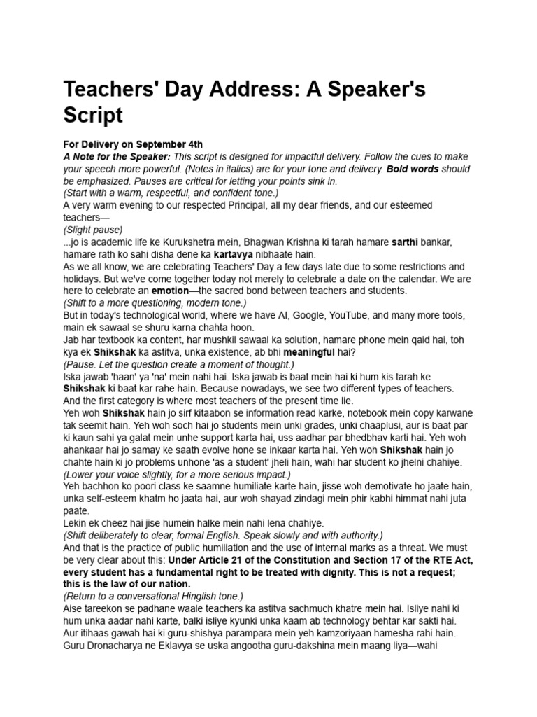 Teachers' Day Speech - A Speaker's Script | PDF
