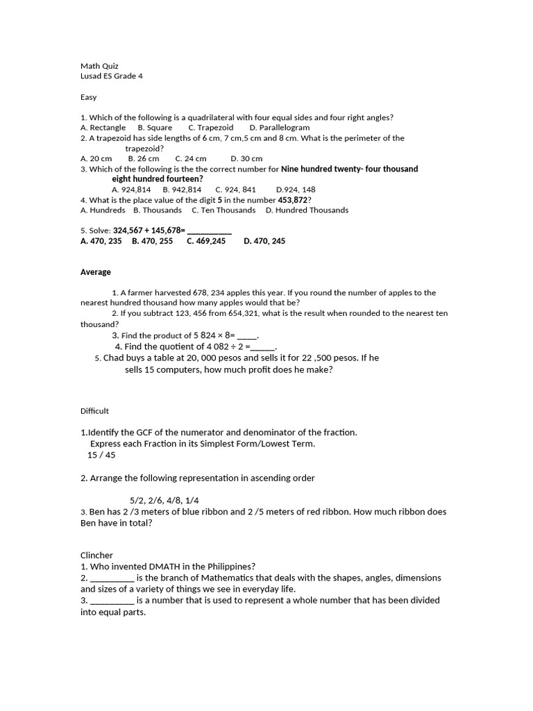 Grade 4 Math Quiz with Answers | PDF