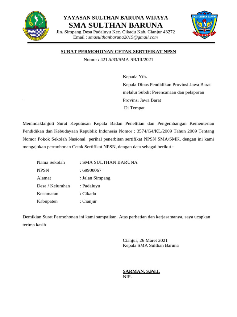 FORMAT Surat Permohonan Cetak NPSN | PDF
