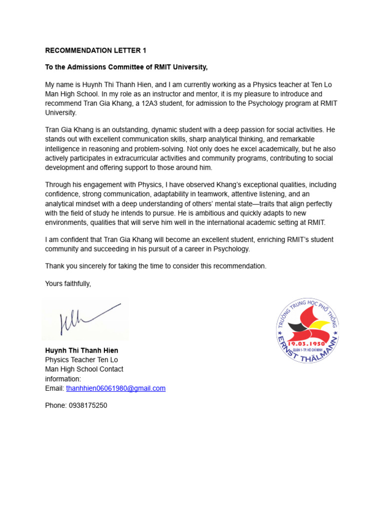 Recom Letter, Hien | PDF