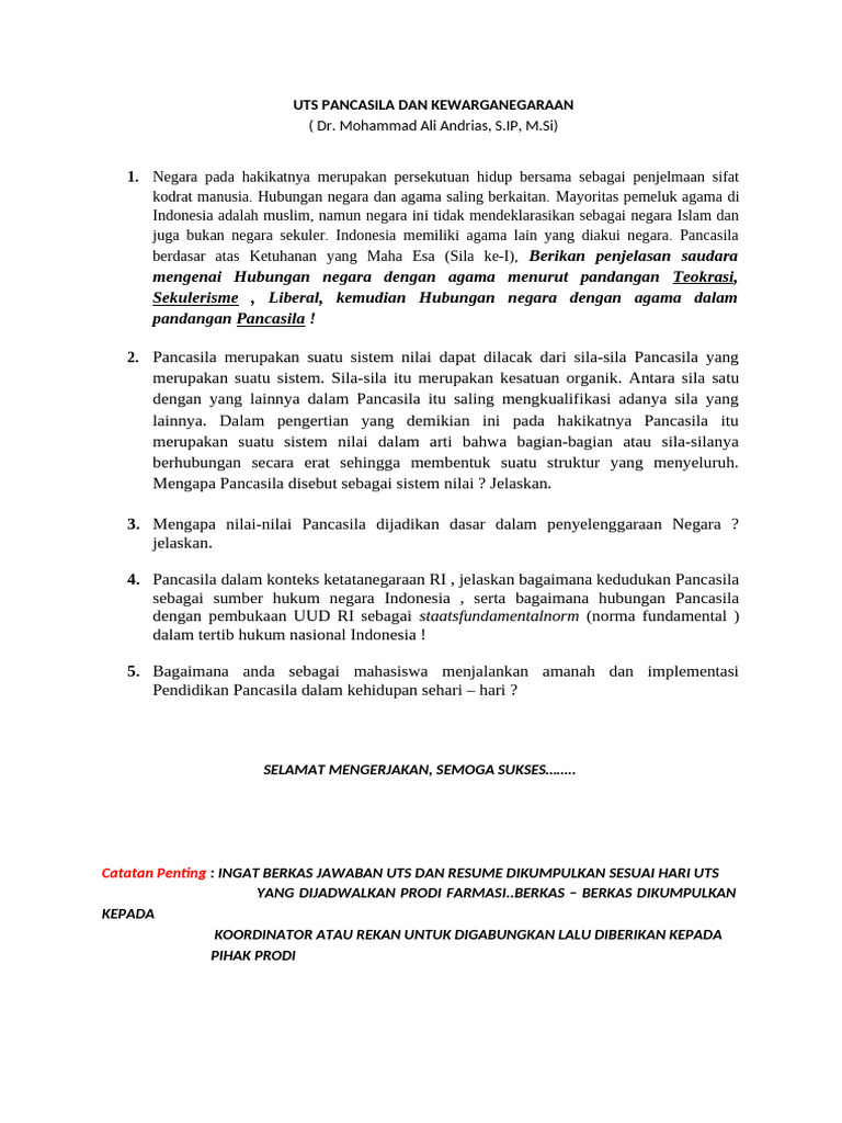 Uts Pancasila Dan Kewarganegaraan 2023 - 2024 | PDF