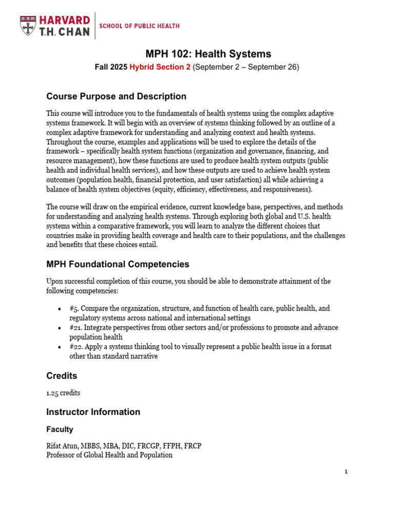 MPH 102 Health Systems Syllabus - Fall 2025 Section 2 | PDF | System ...