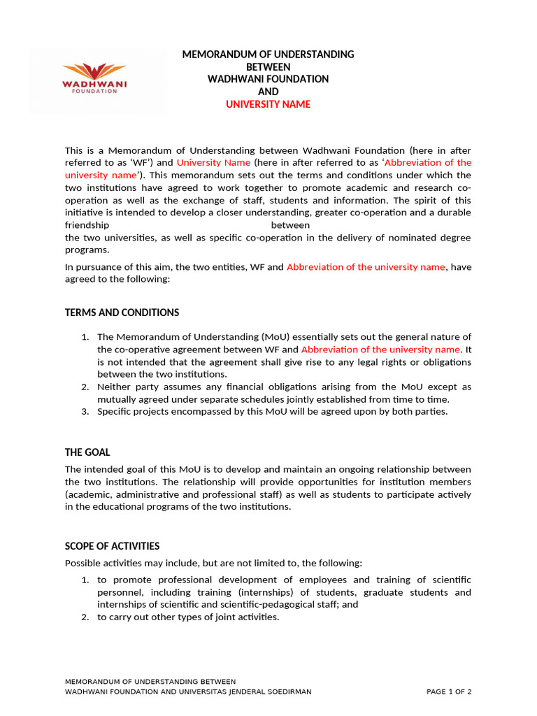 Template MoU Dengan Wadwhani Foundation | PDF | Memorandum Of ...