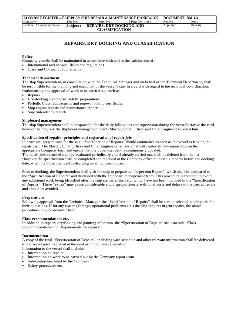 Repairs and Dry Docking and Classification | PDF | Specification ...