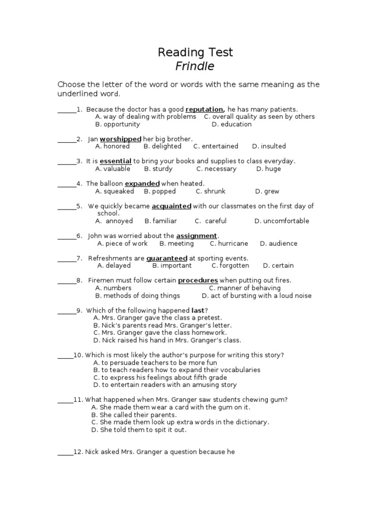 Frindle Test | PDF | Homework | Classroom