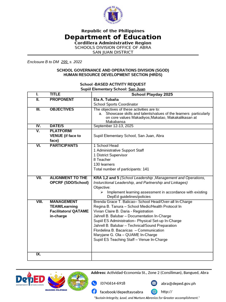School Playday 2025 Activity Request | PDF