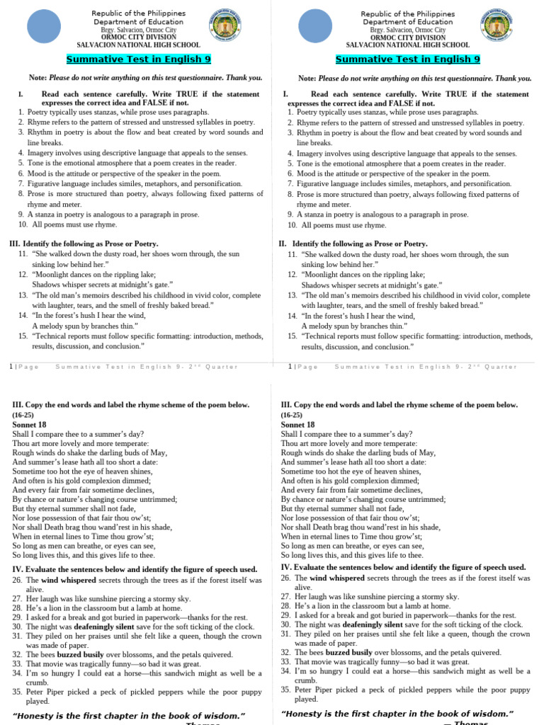 English 9 Summative Test Guide | PDF | Poetry | Phonaesthetics