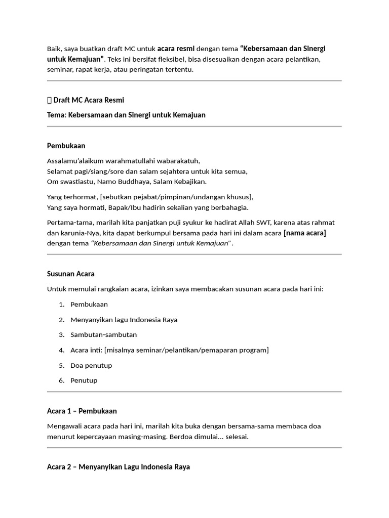 Draft MC Acara Kebersamaan dan Sinergi | PDF