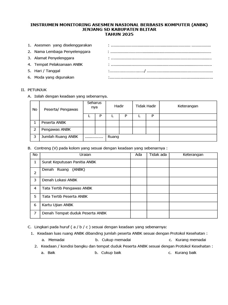 Instrumen Monitoring Anbk Jenjang SD Tahun 2025 | PDF