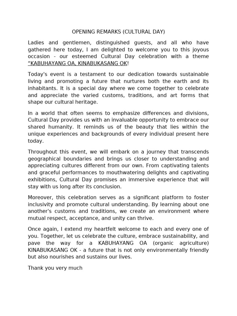Cultural Day Celebration Remarks | PDF