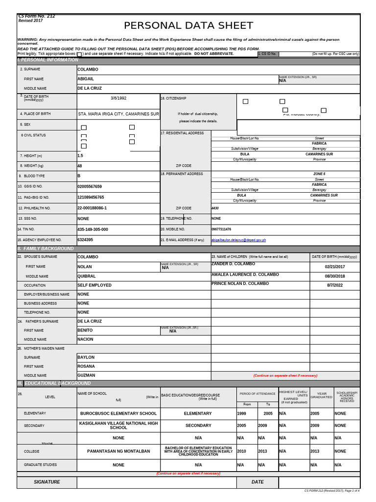 Cs Form No. 212 Personal Data Sheet Revised | PDF