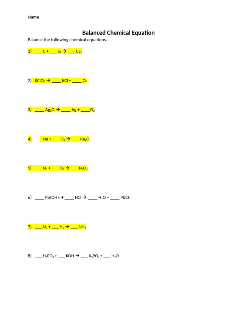 3-3 Balanced Chemical Equation WS | PDF