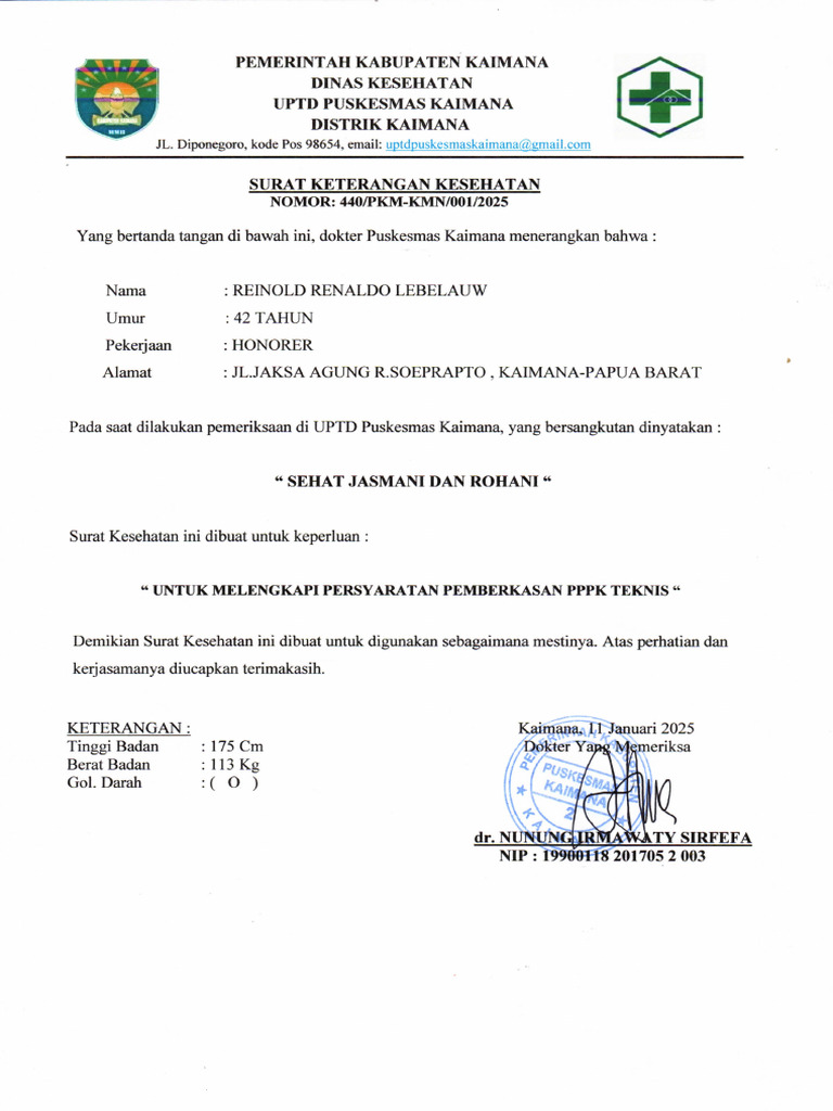 Surat Kesehatan Reinold | PDF
