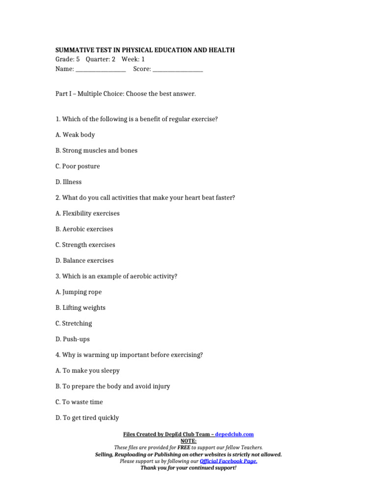 Grade 5 PE & Health Summative Test | PDF | Strength Training | Hand Washing