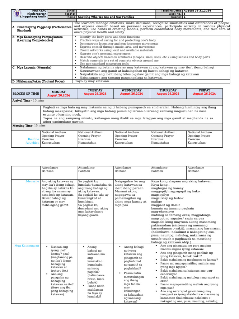 Kindergarten DLL Matatag Week 5 | PDF