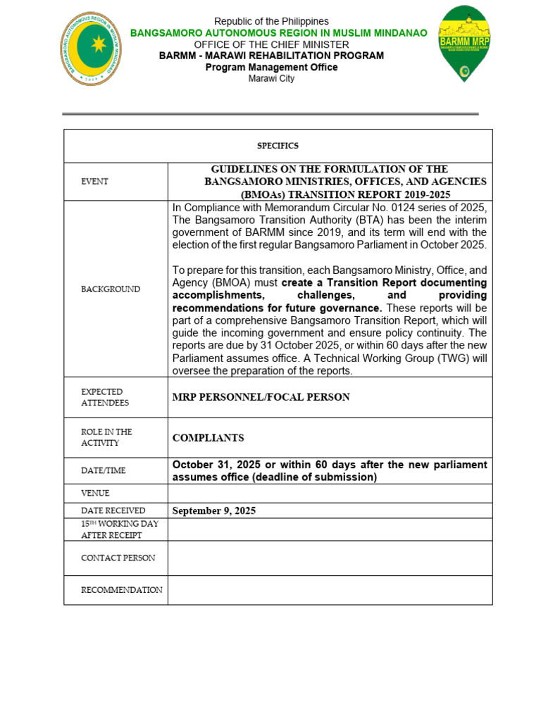 Bangsamoro Transition Report Guidelines | PDF