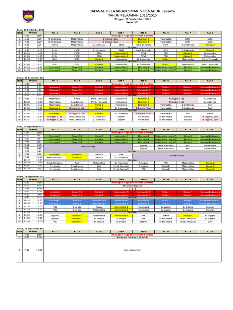 Jadwal Pelajaran Kelas XII Sept III 2526 - Google Sheets | PDF