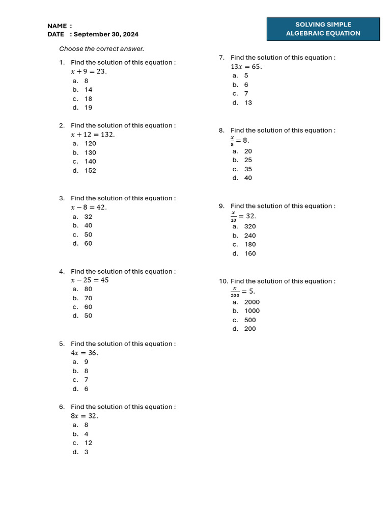 Solving Simple Algebraic Equations | PDF