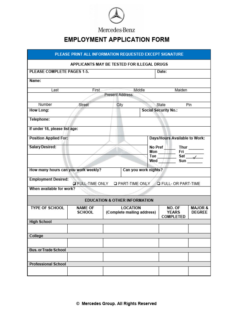 Mercedes Benz Job Application Form | PDF | Employment | At Will Employment