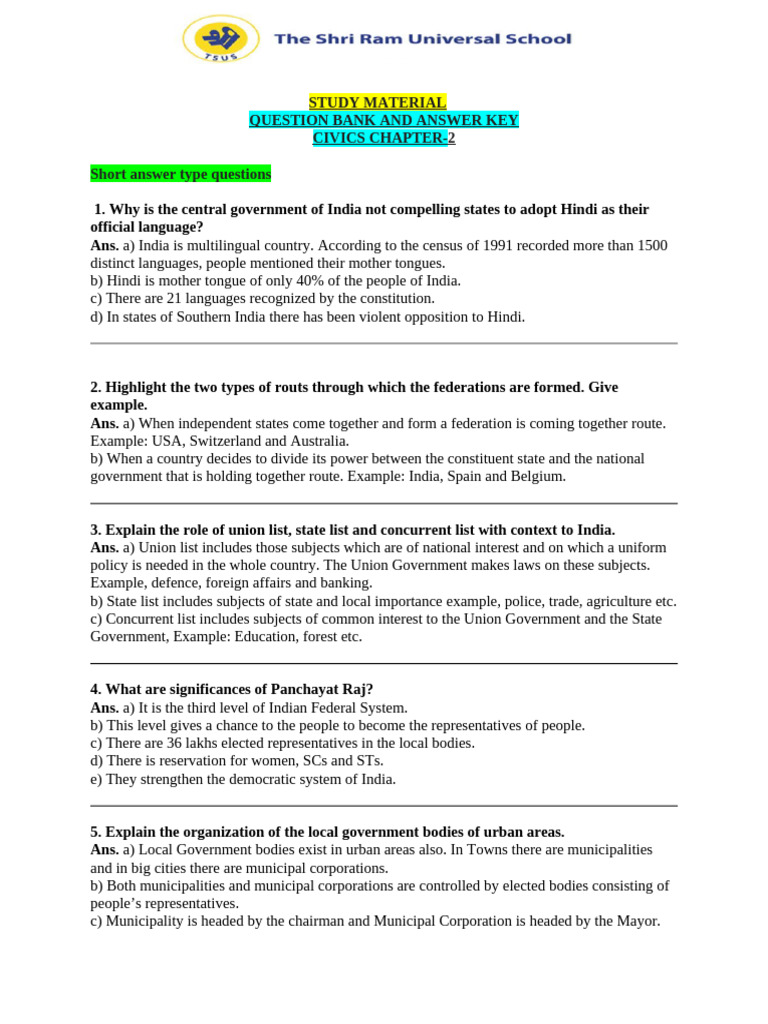 Civics Question Bank and Answer Key | PDF | Government | Governance