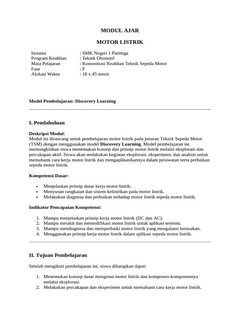 Modul Ajar Motor Listrik Model Discovery Learning | PDF