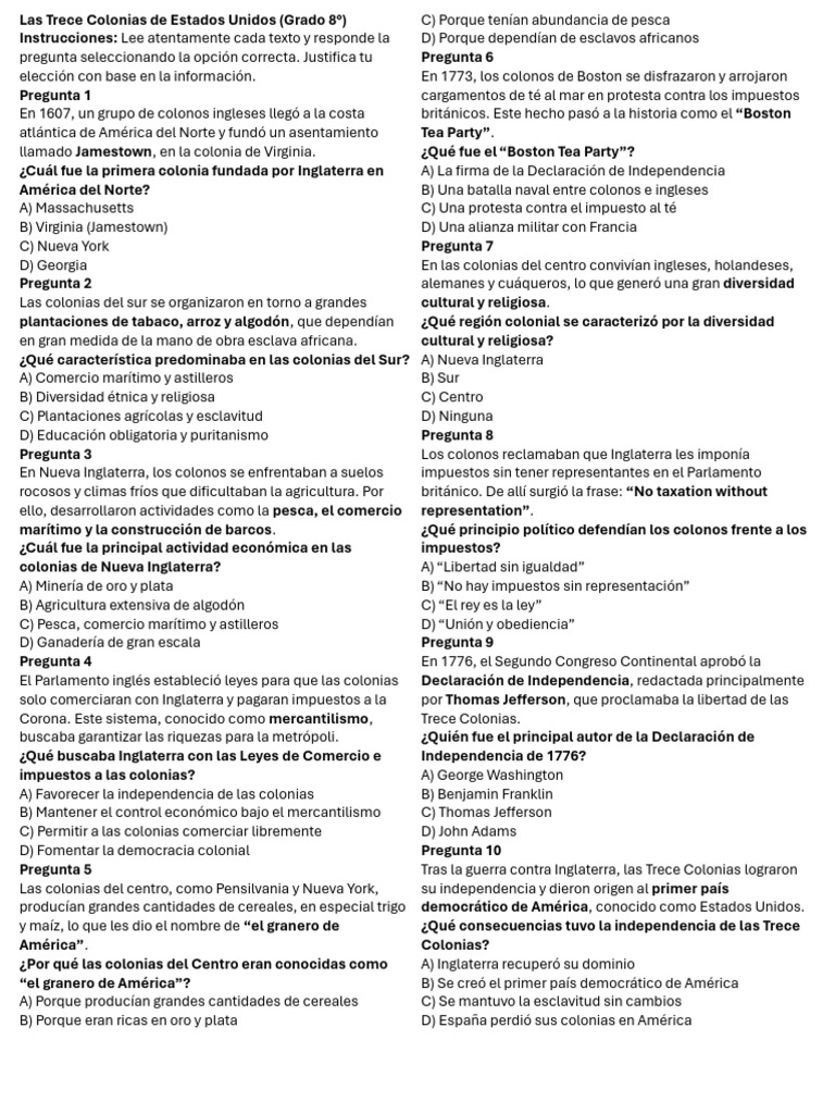 Las Trece Colonias de Estados Unidos (Grado 8°) | PDF | Trece colonias | Esclavitud en los ...