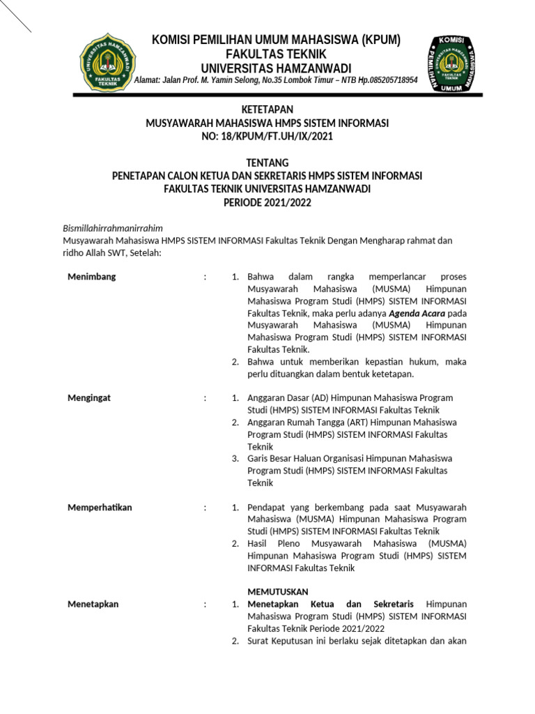 Penetapan Pengurus HMPS Sistem Informasi 2021 | PDF