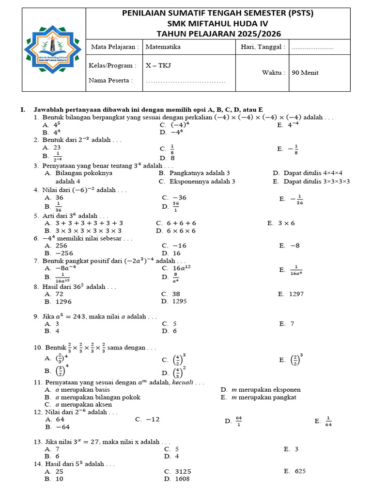 Soal MTK STS 25-26 SMK | PDF