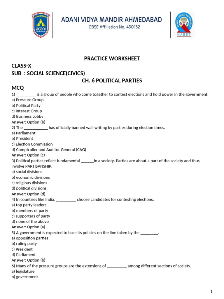 Solutions-Class 10 Civics Ch. 6 Political Parties (Practice Worksheets ...