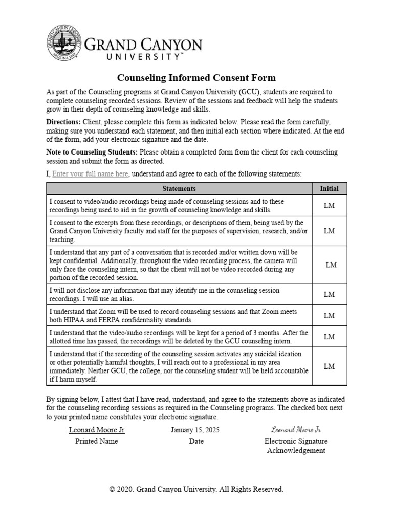 GCU Counseling Informed Consent Form | PDF
