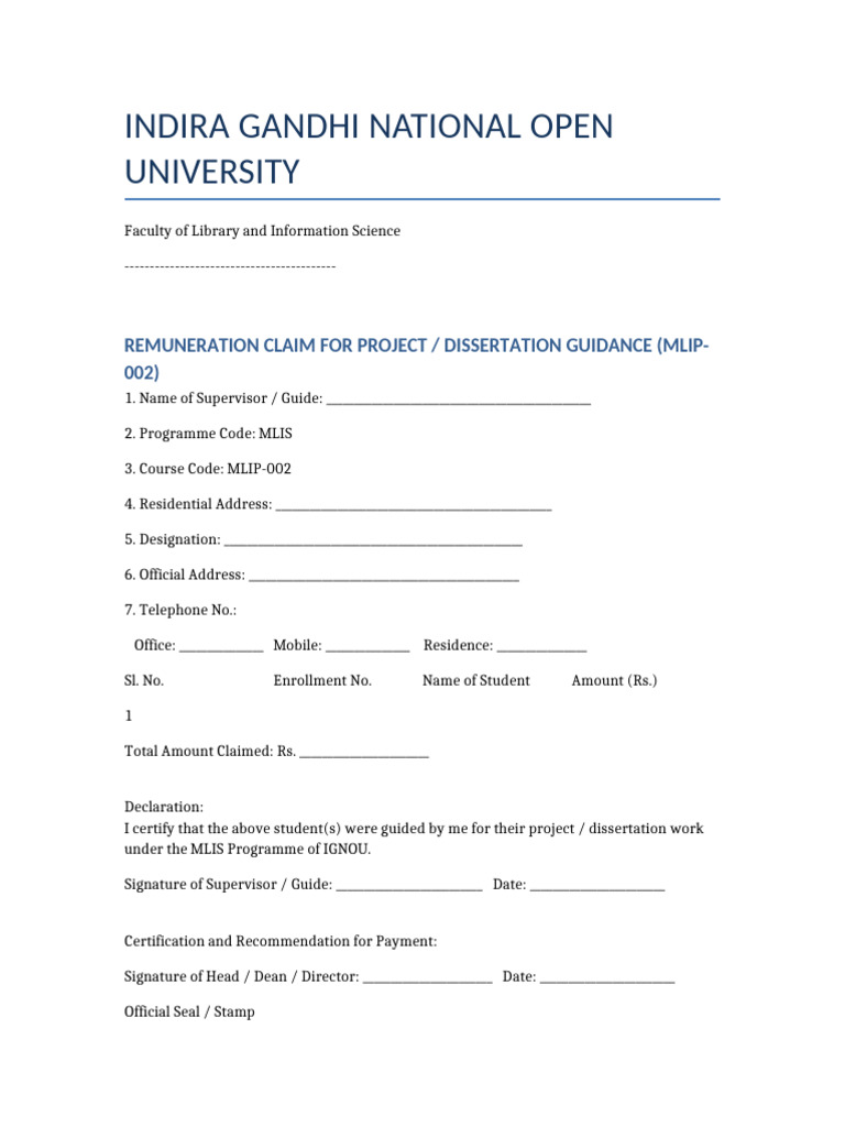 IGNOU Remuneration Claim Form | PDF