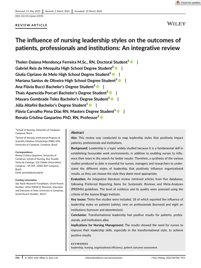 Nursing Leadership Styles Impact Outcomes | PDF | Leadership ...