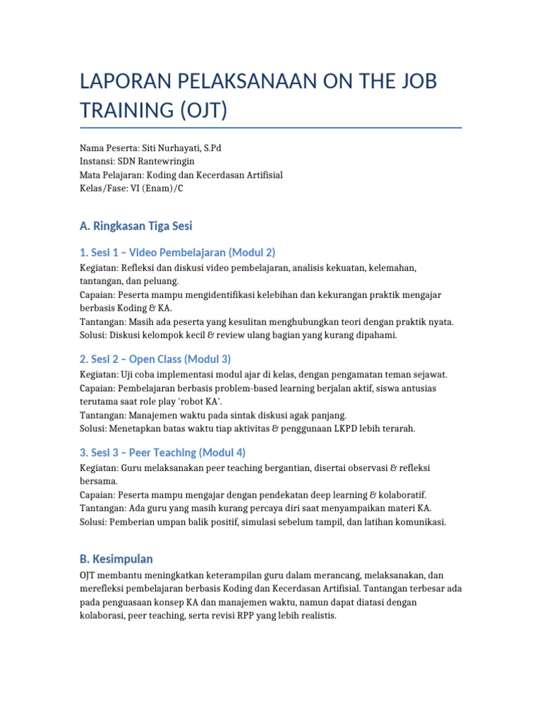 Laporan OJT Koding dan Kecerdasan Artifisial | PDF