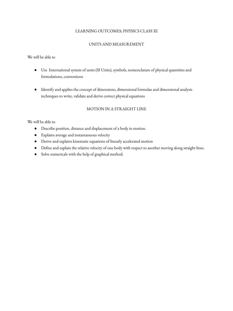 Learning Outcomes Physics Class Xi | PDF