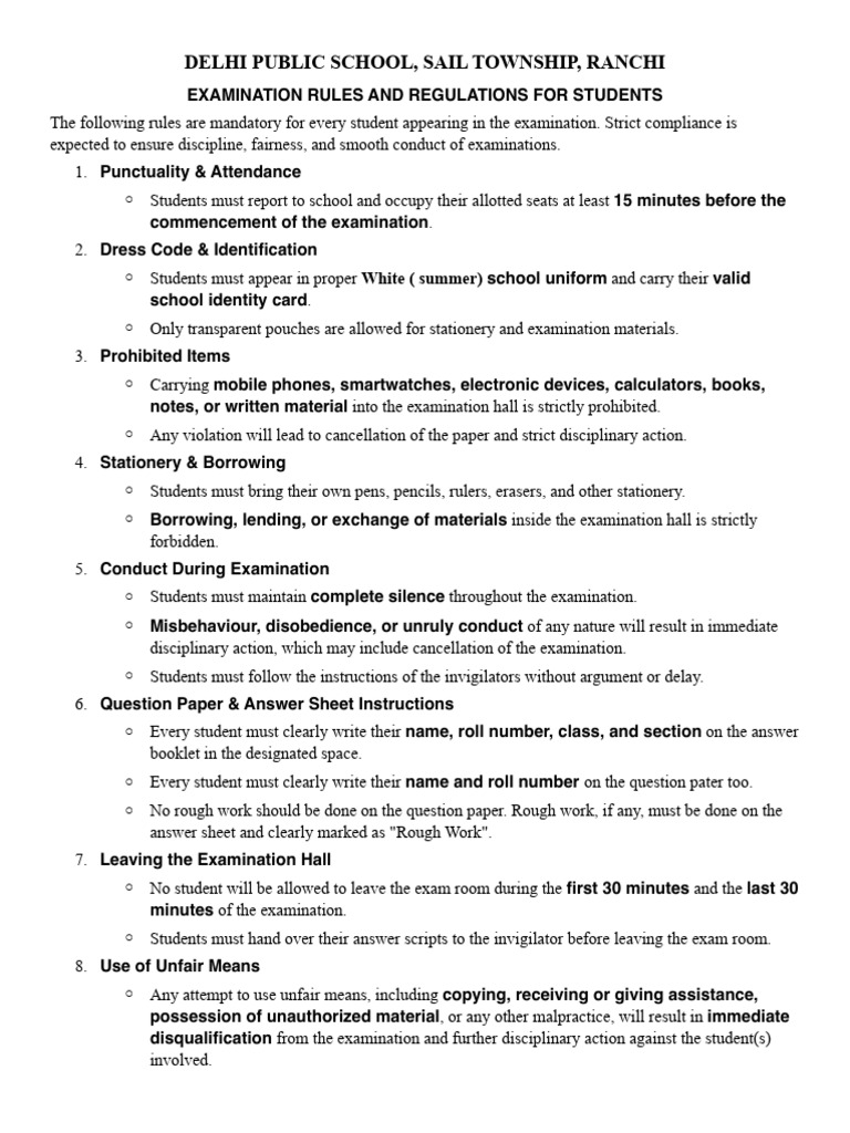 Examination Rules for DPS Ranchi Students | PDF