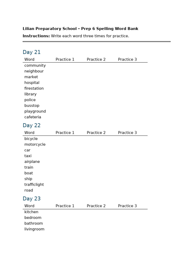 Prep6 Spelling Word Bank-1 | PDF