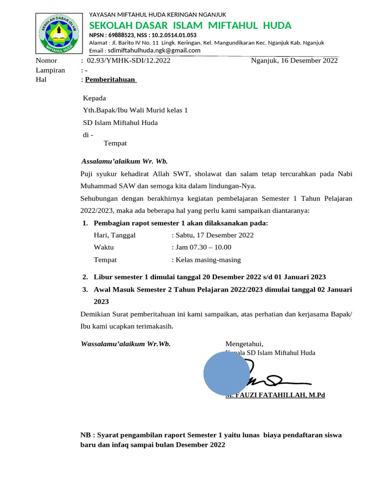 Surat Pengambilan Rapot Dan Libur Semester 1 2022 | PDF