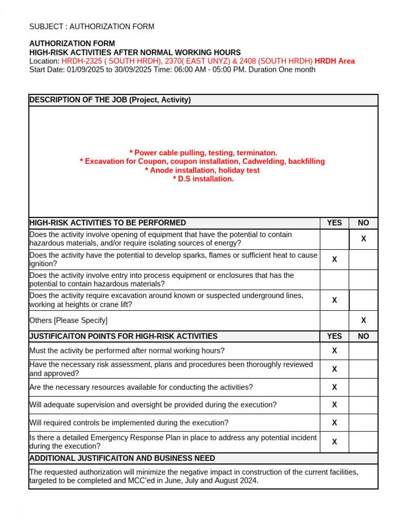 Authorization for High-Risk Activities | PDF | Safety | Occupational ...