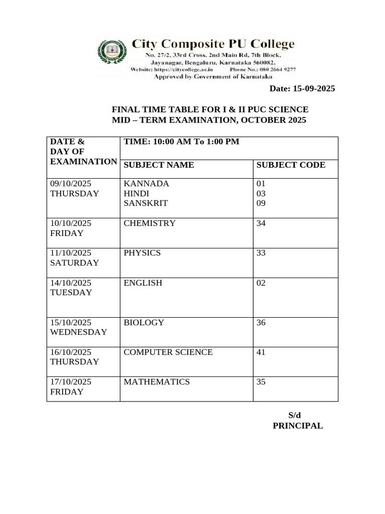 I & II PUC Science Mid-Term Timetable 2025 | PDF