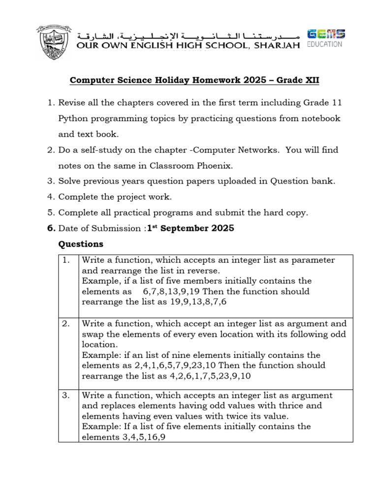 OOS 2025 26 Grade12 Computer Science Holiday Home Work July August 2025 ...