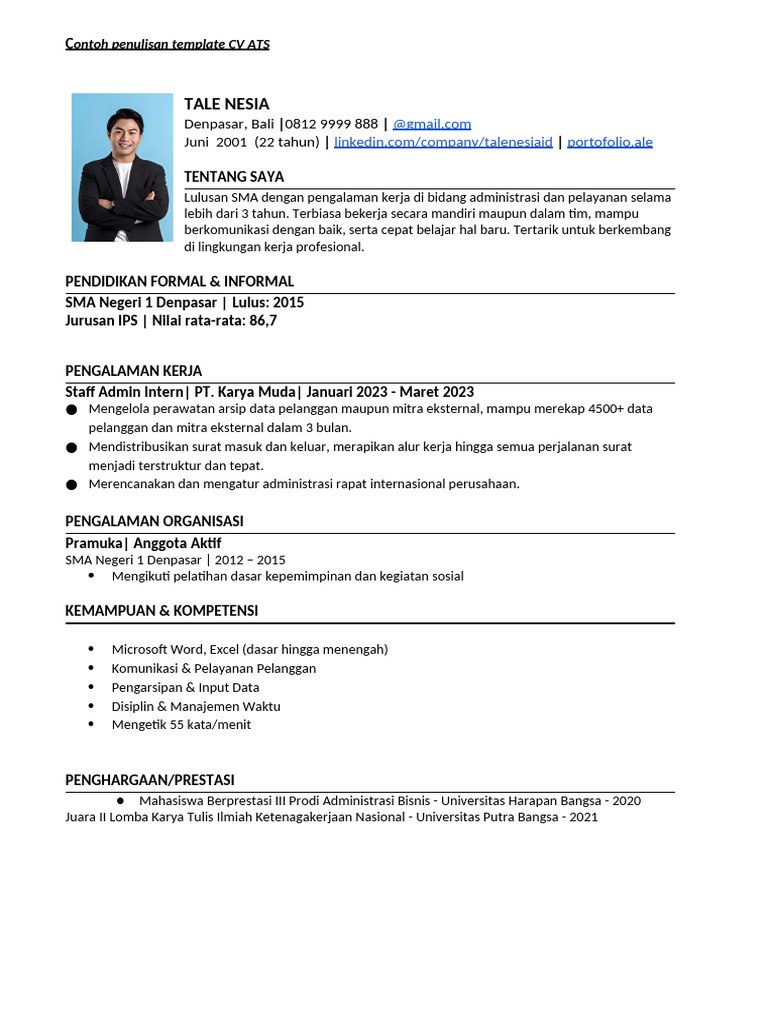 Contoh CV ATS untuk Lulusan SMA | PDF