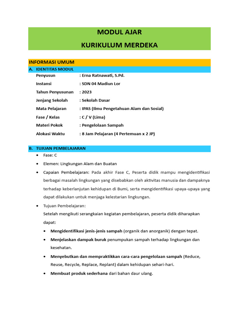 Modul Ajar Pengelolaan Sampah - Erna | PDF
