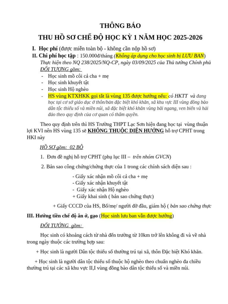 Thông Báo Thu Hồ Sơ Chế Độ Học Kỳ 1 Năm Học 2025-2026: I. Học phí Chi ...