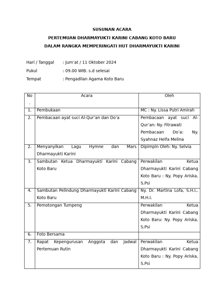 Acara HUT Dharmayukti Karini Koto Baru | PDF