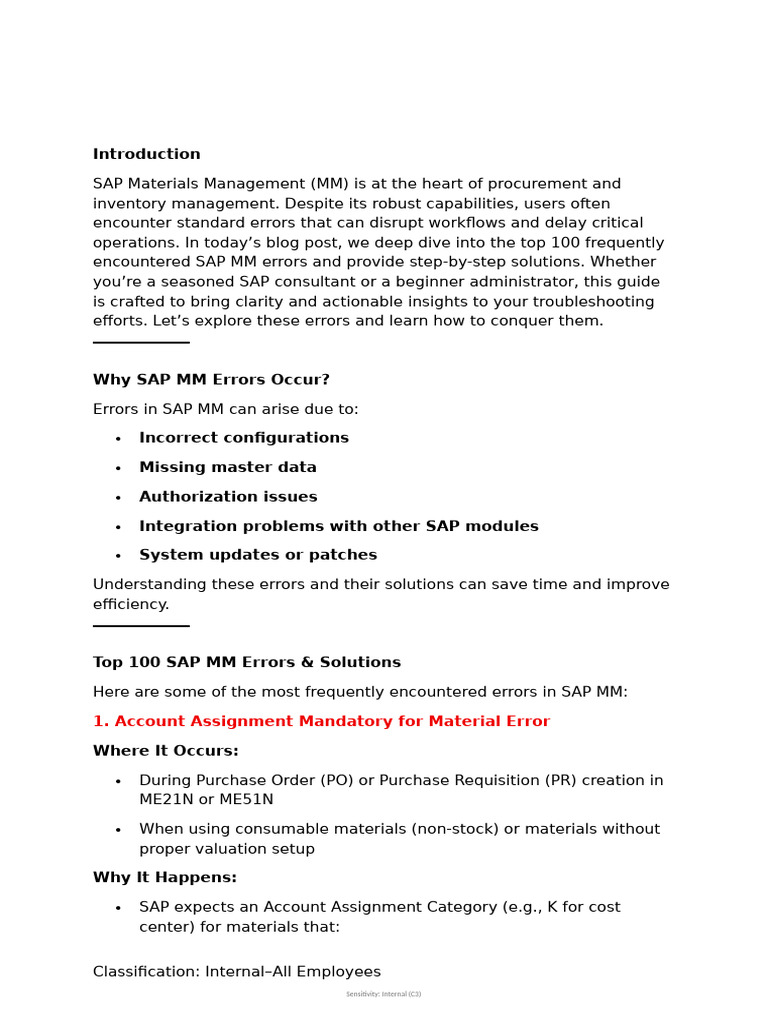 SAP Common Errors and Solutions | PDF | Pricing | Inventory